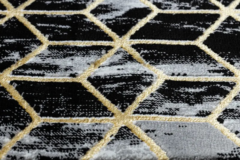 Dywany Łuszczów, Běhoun Gloss 409A 82 3D cubes black/gold/grey, 80x200, černá, obývací pokoj