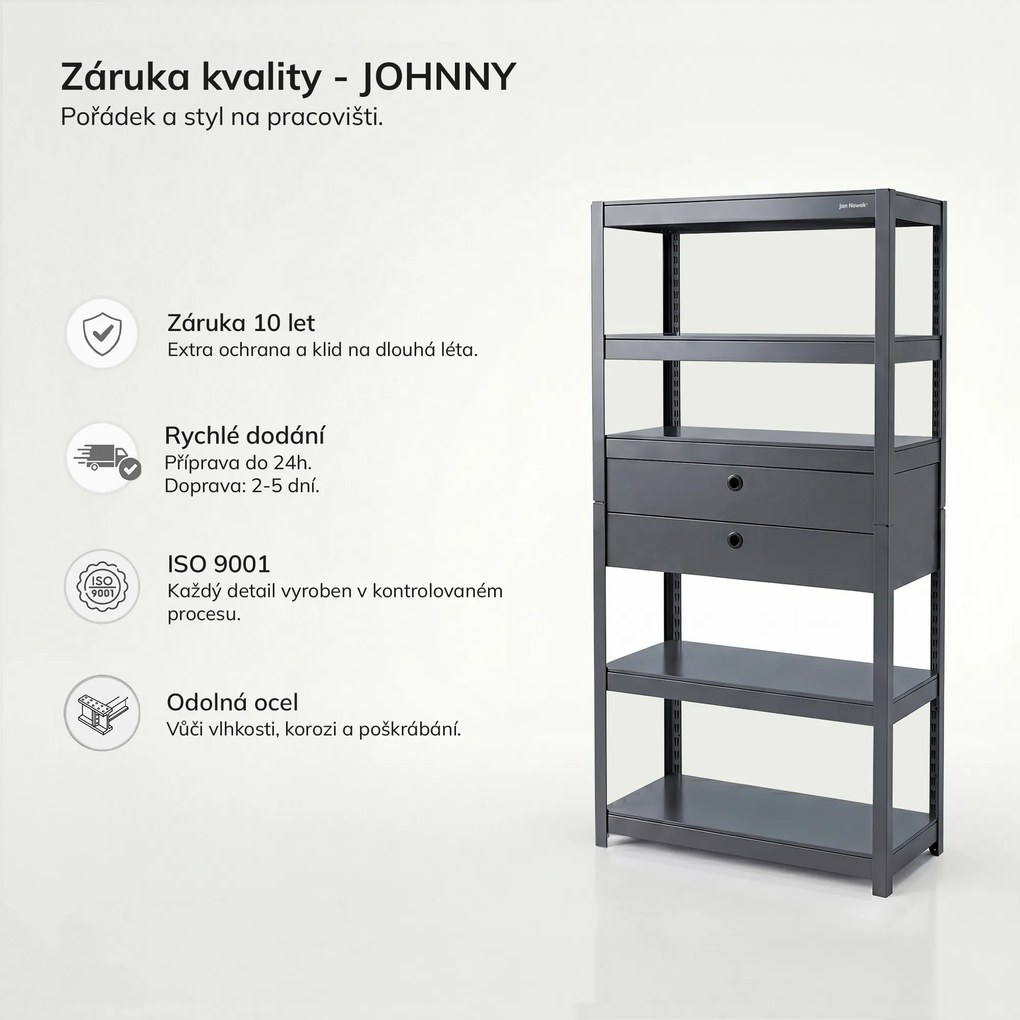 Kovový regál se zásuvkami antracitový: JOHNNY, 1800 x 800 x 420 mm