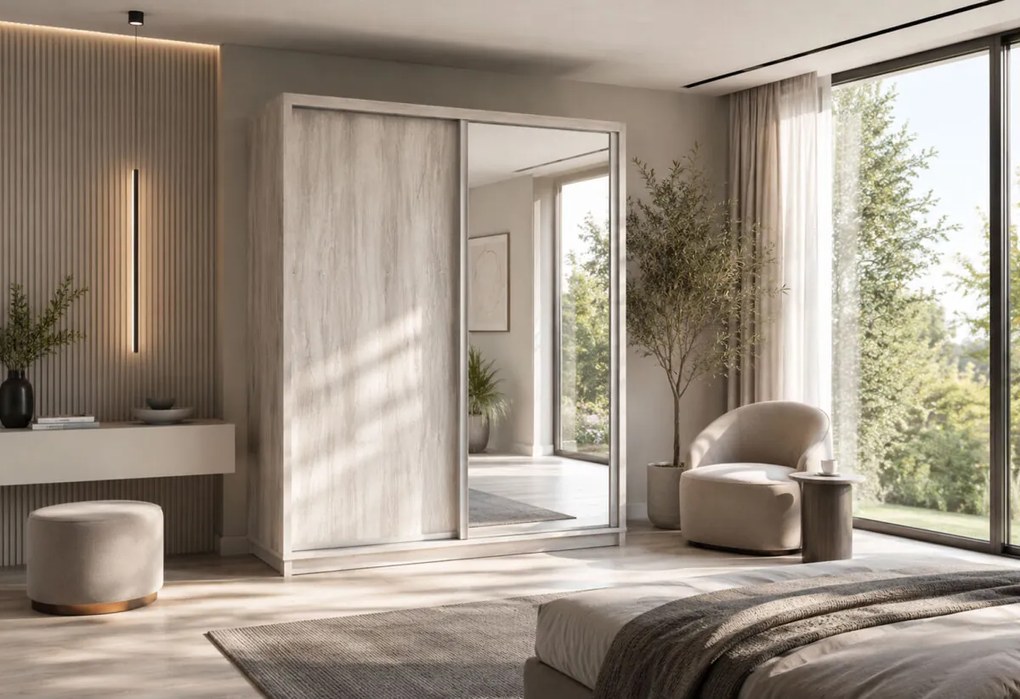 Skříň s posuvnými dveřmi 1800x2400x600 1LTD 1 Zrcadlo Artwood světlý, profil stříbrný