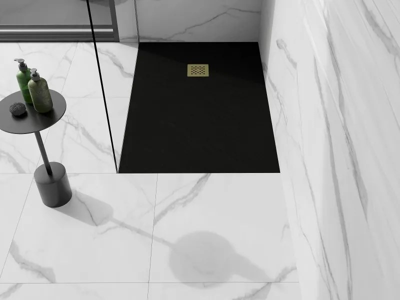Mexen Stone+, obdélníková vanička z minerálního kompozitu 100 x 80 cm, černá, zlatá lesklá krytka, 44708010-G