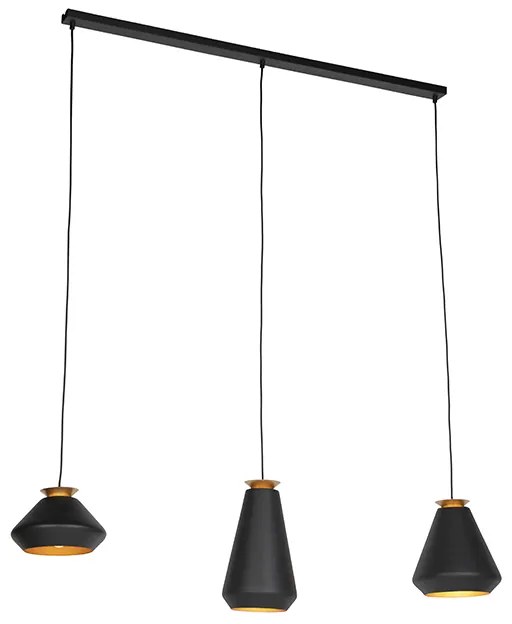 Moderní závěsná lampa 3-světlá černá se zlatou lištou - Mia