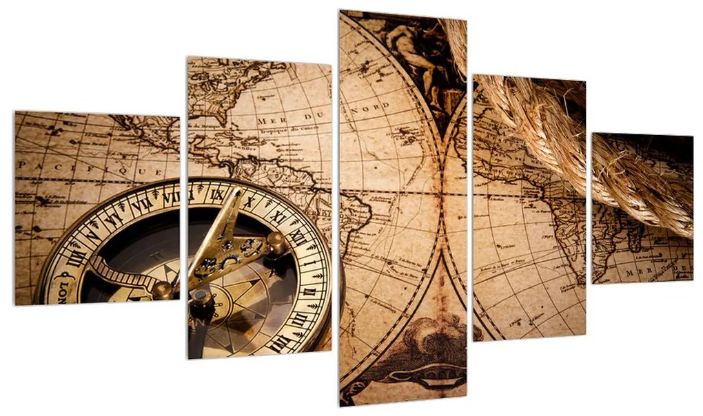 Historický obraz mapy světa a kompasu (125x70 cm)