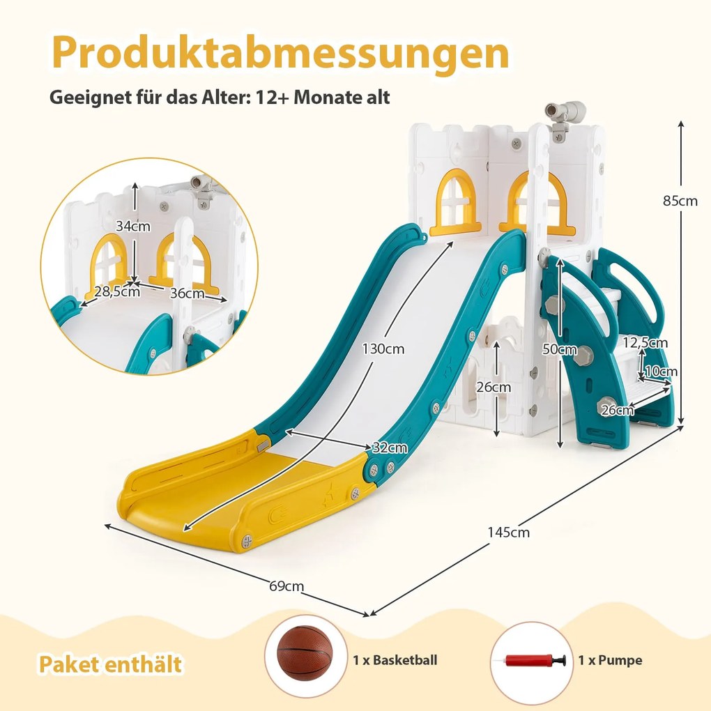 Costway Dětská skluzavka 6 v 1 s košem a teleskopem, zelená