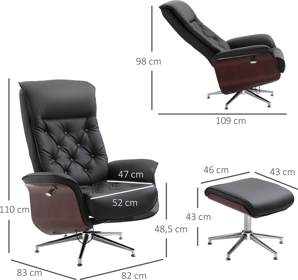 HOMCOM Relaxační křeslo s podnožkou - TV křeslo s čalouněním, 360° otočné, 145° nastavitelné, retro design Chesterfield, PU potah, dřevěné detaily, k…