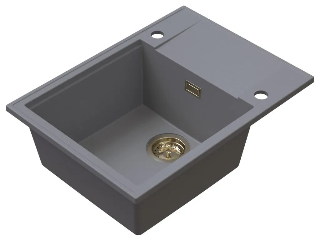 Sink Quality Sink55, kuchyňský granitový dřez 620x460x215 mm + zlatý sifon, šedá, SKQ-SINK.D.1KKO.XG