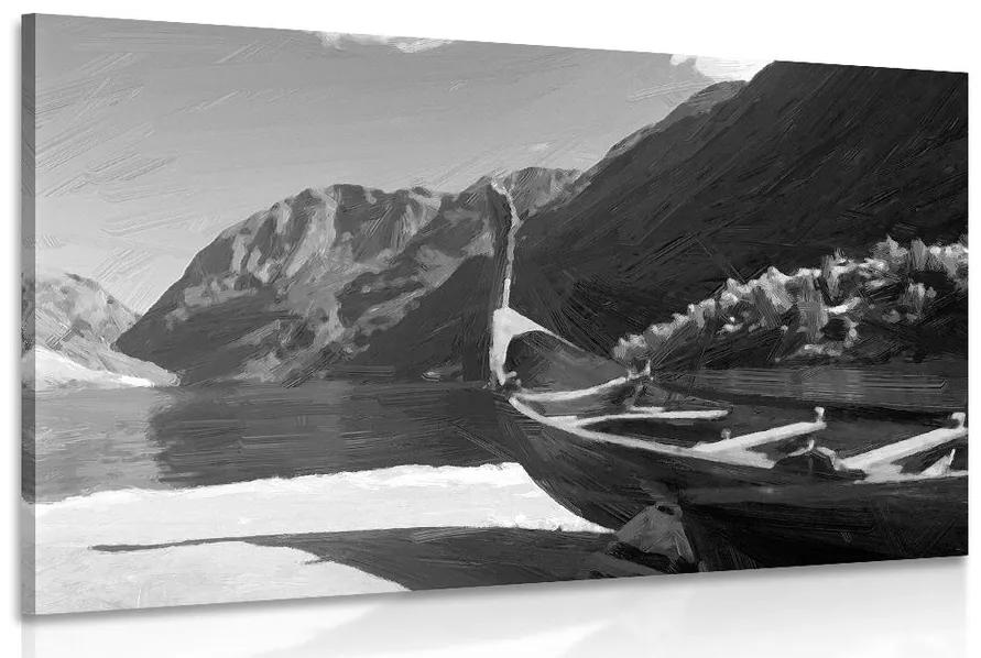 Obraz dřevěná vikingská loď v černobílém provedení