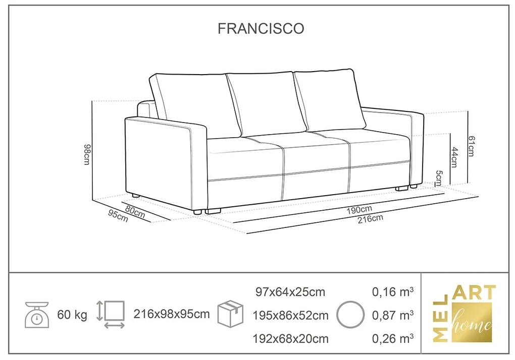 MELART Trojmístná rozkládací pohovka s úložným prostorem Francisco
