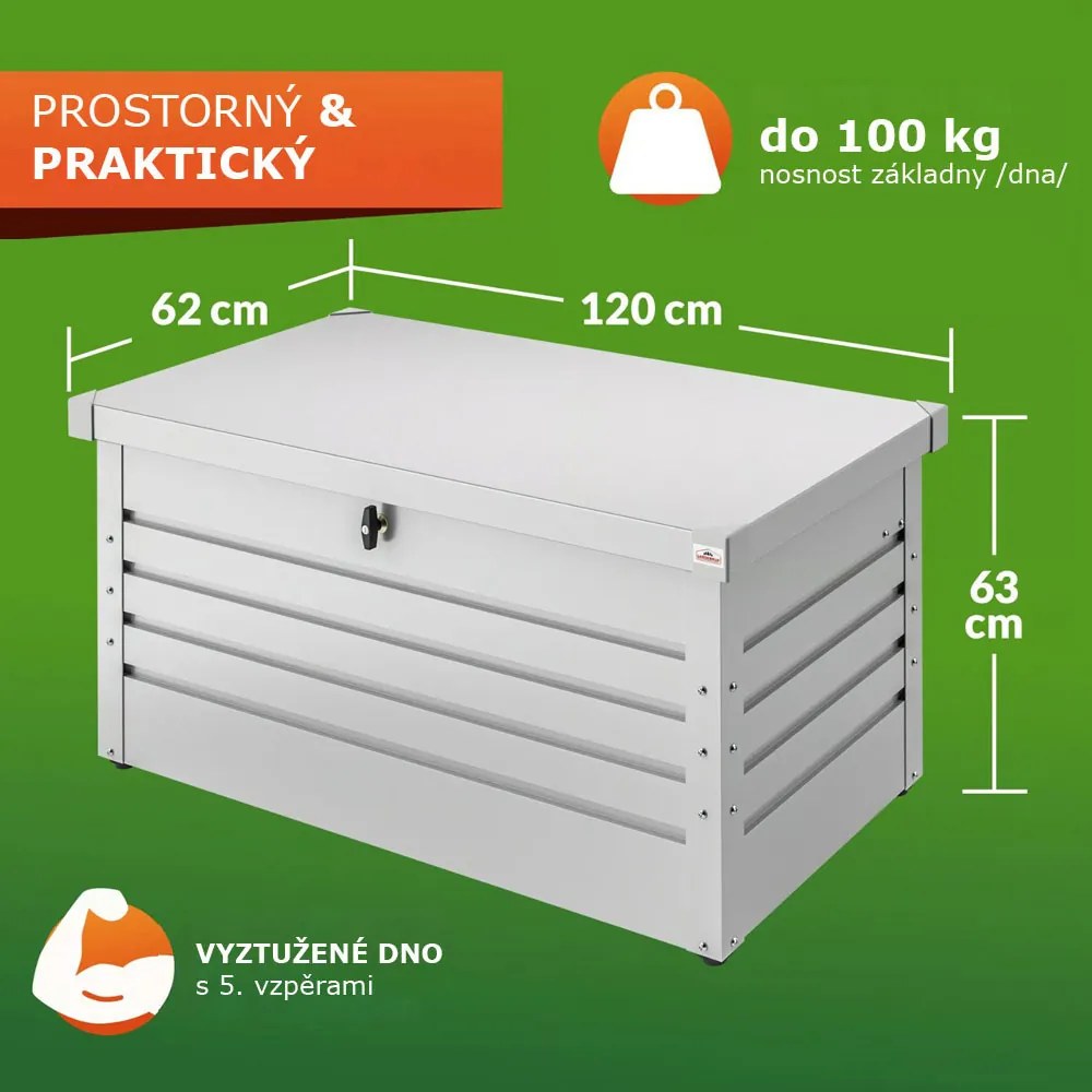Kovový úložný box METALBOX, 385L, 120×62×63 cm, šedá Gardebruk