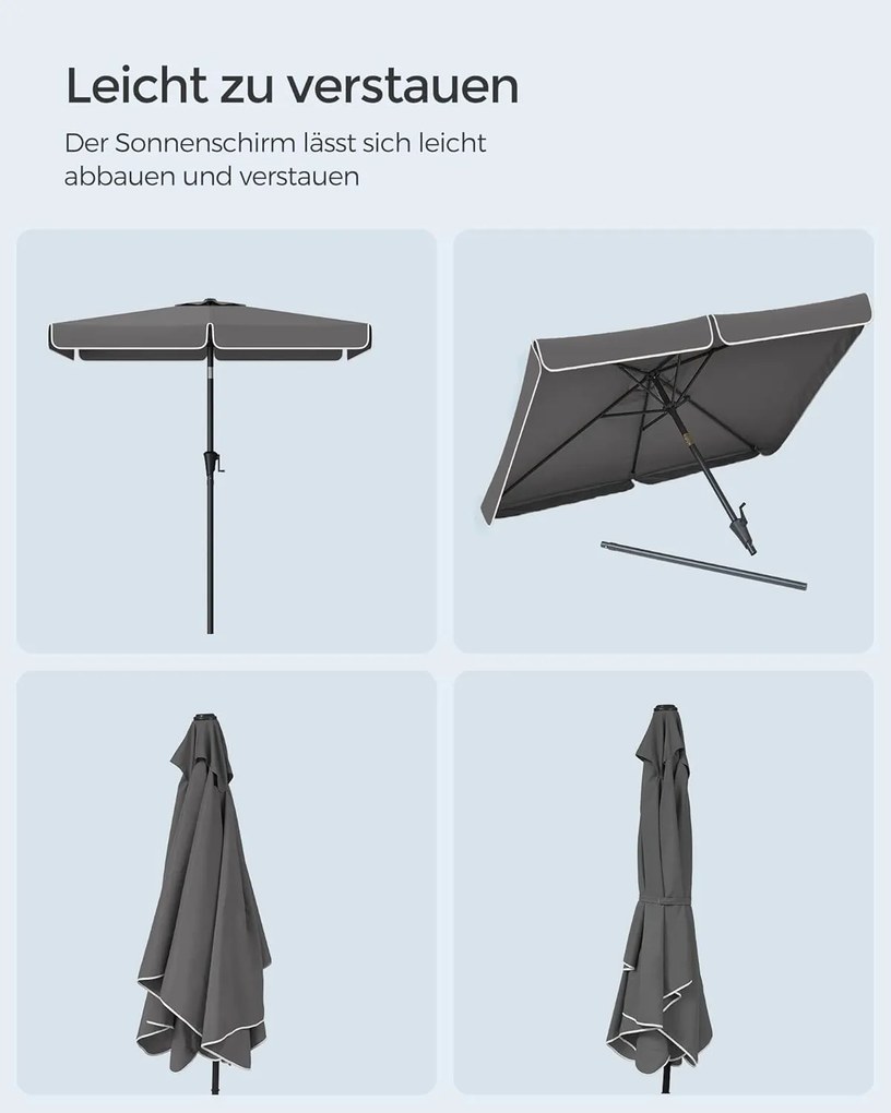Slunečník 200 × 150 cm, obdélníkový balkonový slunečník, UV ochrana UPF 50+, bez základny, šedý