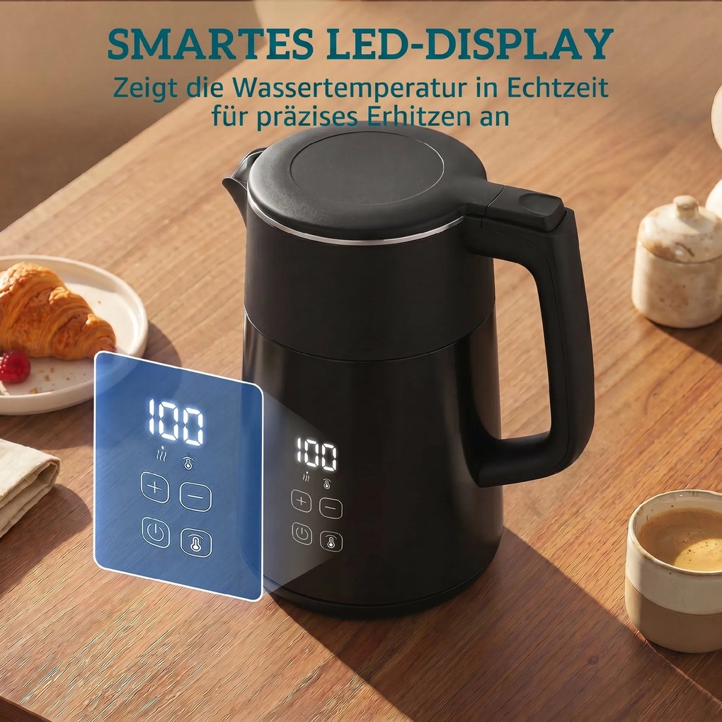 HOMCOM Elektrická konvice, 1,7 l, rychlovarná, 2200 W, s LED displejem, funkcí udržování teploty, ochranou proti provozu nasucho, bez PTFE