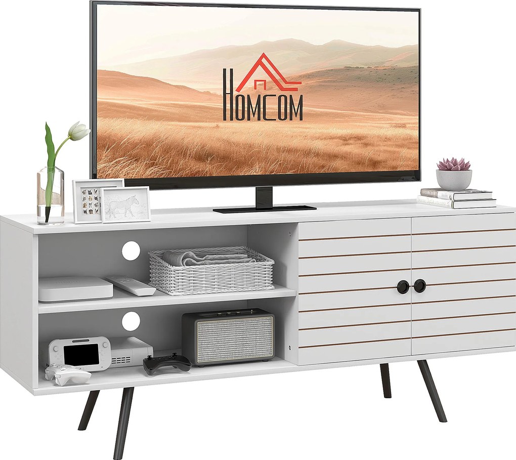 HOMCOM TV stolek do obývacího pokoje pro TV do 65 palců, moderní TV stolek se 2 otevřenými policemi a 1 nastavovací policí 145x38x65 cm Bílý | Aosom