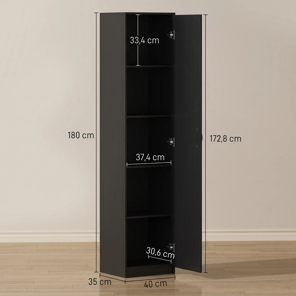 HOMCOM úzká kuchyňská skříň s 5 policemi, 40 × 35 × 180 cm, černá