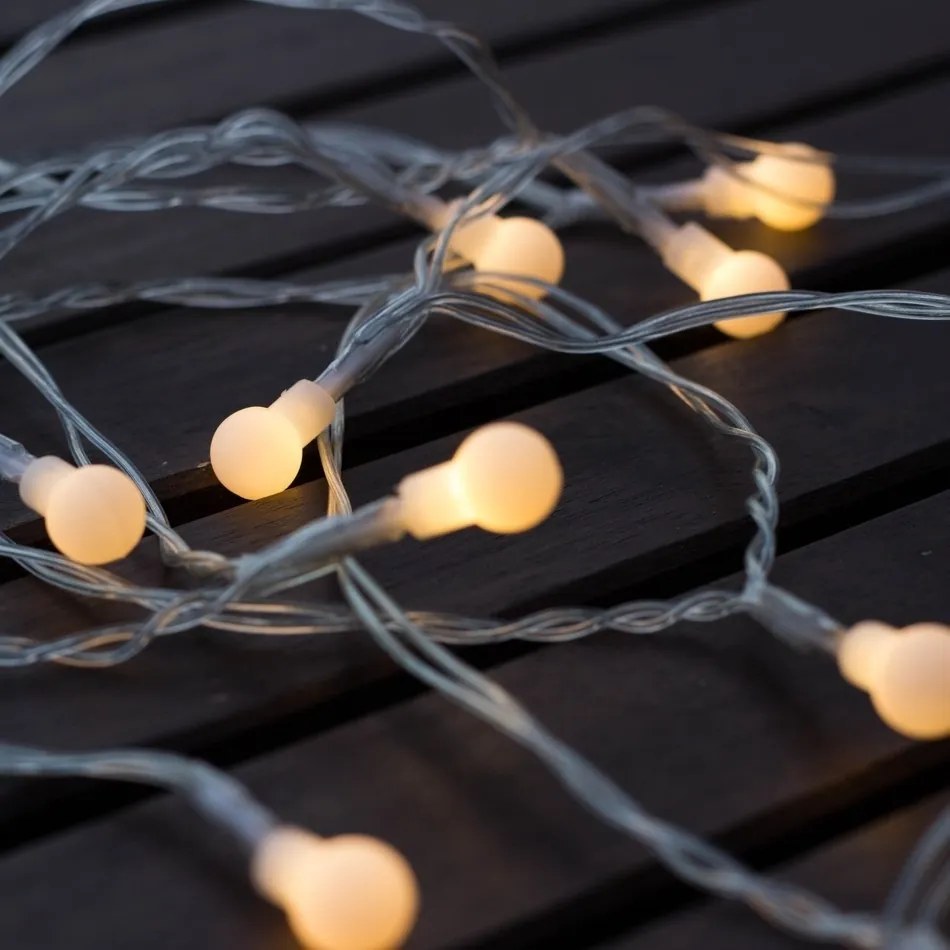 LED světýlka na baterie, kouličky, 2,1 m, teple bílá, 10 diod, čirý kabel, IP20 interiér, 3 × AA