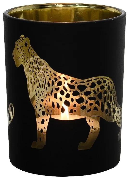 Černo zlatý skleněný svícen s jaguárem L - 10*10*12cm