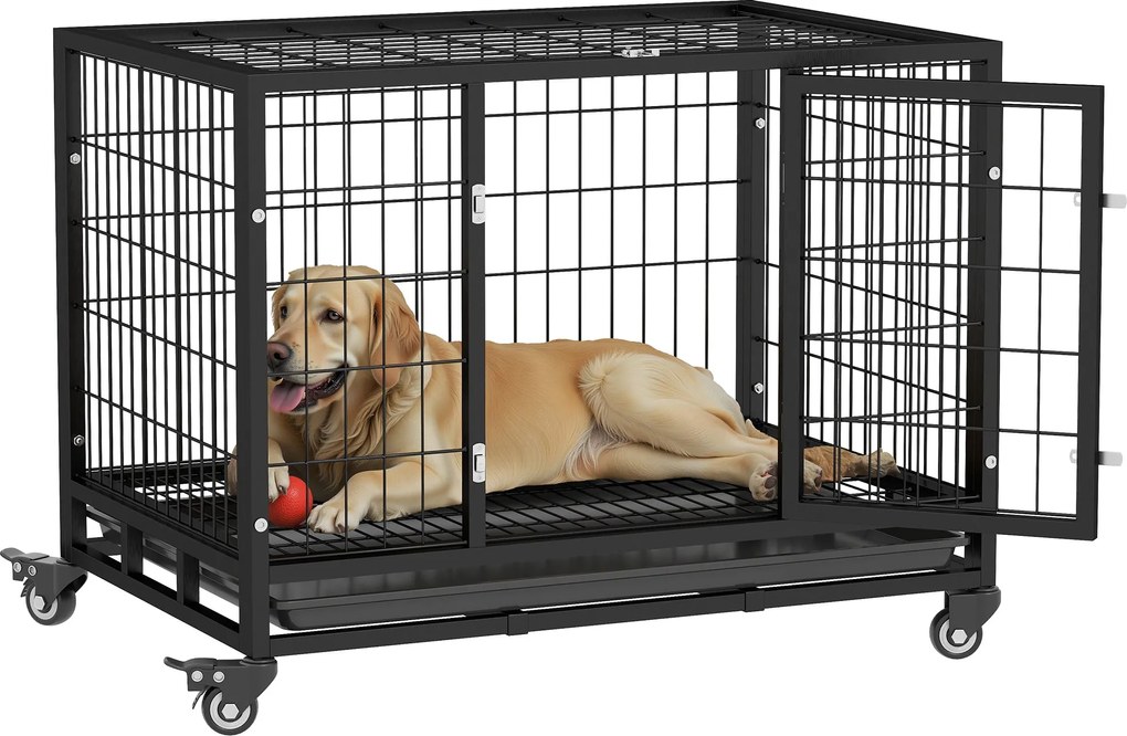 PawHut Metalová klec pro psy s kolečky a brzdami, odnímatelný zásobník a dvířka s pojistkou pro zlatého retrívra labradora 92x62x75 cm Černá | Aosom