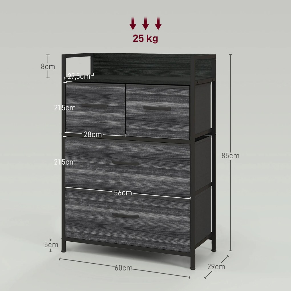 HOMCOM komoda, sideboard, 4 látkové zásuvky, průmyslový design, 60x29x85 cm, černá