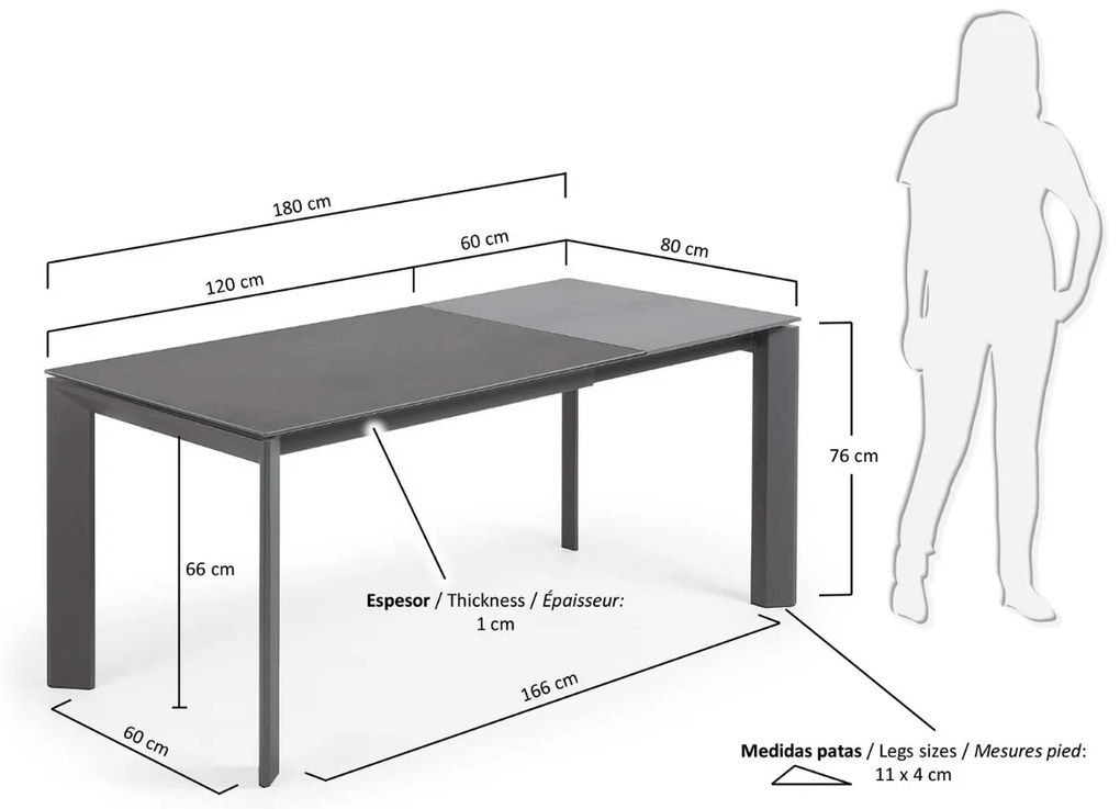 OnaDnes -20% Antracitově černý keramický rozkládací jídelní stůl Kave Home Axis I. 120/180 x 80 cm