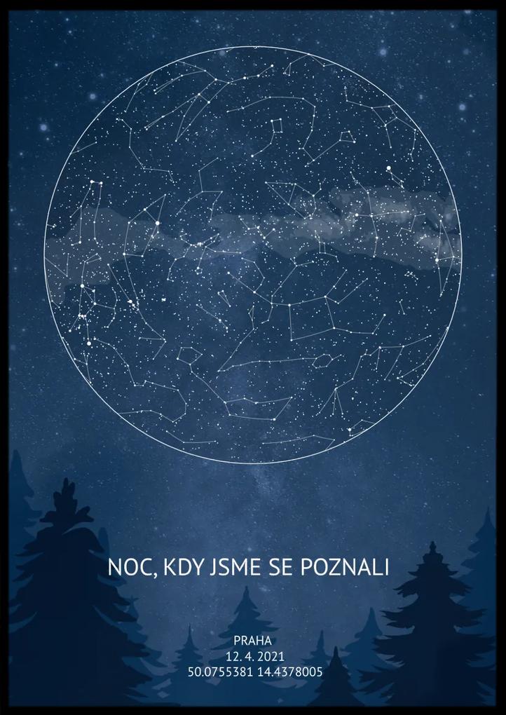 Plakát Hvězdná mapa vašeho životního okamžiku Velikost: A3 - 29,7x42 cm, Volba rámu: bez rámu, Vzhled: Černá