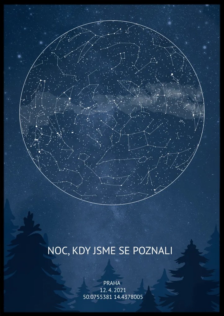 Plakát Hvězdná mapa vašeho životního okamžiku Velikost: A3 - 29,7x42 cm, Volba rámu: bez rámu, Vzhled: Černá