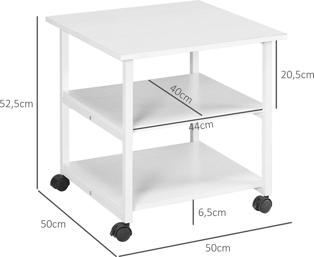 HOMCOM Stojan na tiskárnu se 3 policemi, mobilní na kolečkách 50 x 50 x 52,5 cm Bílá | Aosom