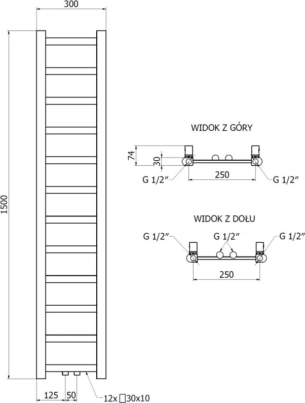 Mexen Bolt, topné těleso 1500 x 300 mm, 295 W, spodní a středové, antracitová, W126-1500-300-00-66