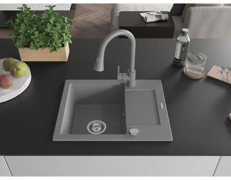 Mexen Enzo, 1-komorový granitový dřez 576x465x174 mm a dřezová baterie Elia, šedá, 6506-71-670101-71