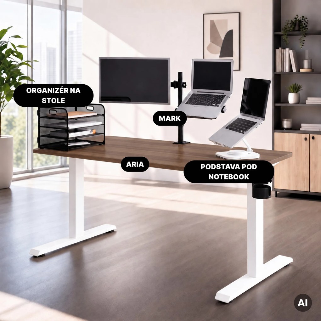 Elektrický stůl s nastavitelnou výškou ergonomický bílý/ořech,1400x700 mm: ARIA