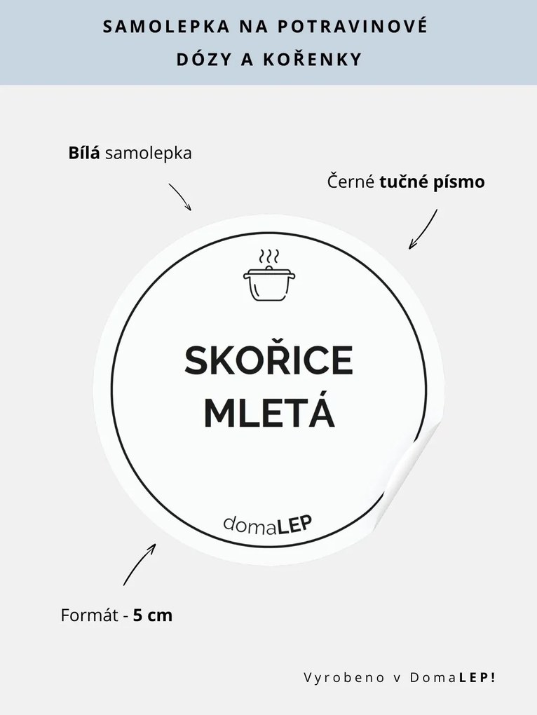 Samolepka na kořenky SKOŘICE MLETÁ bílá 5 cm tučné písmo