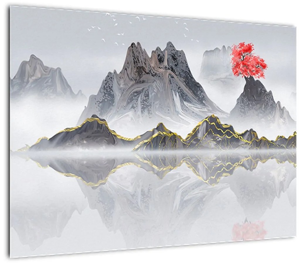 Skleněný obraz - Hory v mlze (70x50 cm)