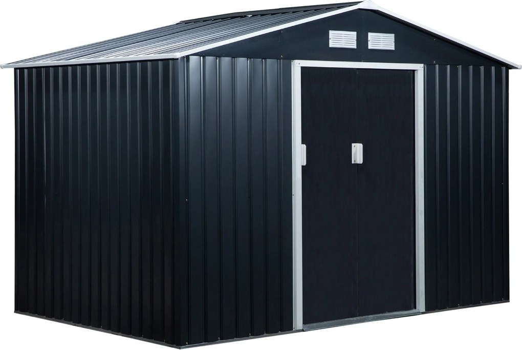 Outsunny Zahradní Kůlna 4,9 m², Zahradní Dům s Šikmou Střechou, Posuvné Dveře, Základna, 277 x 195 x 192 cm, Kůlna z Pozinkované Oceli, Odolná Vůči Po