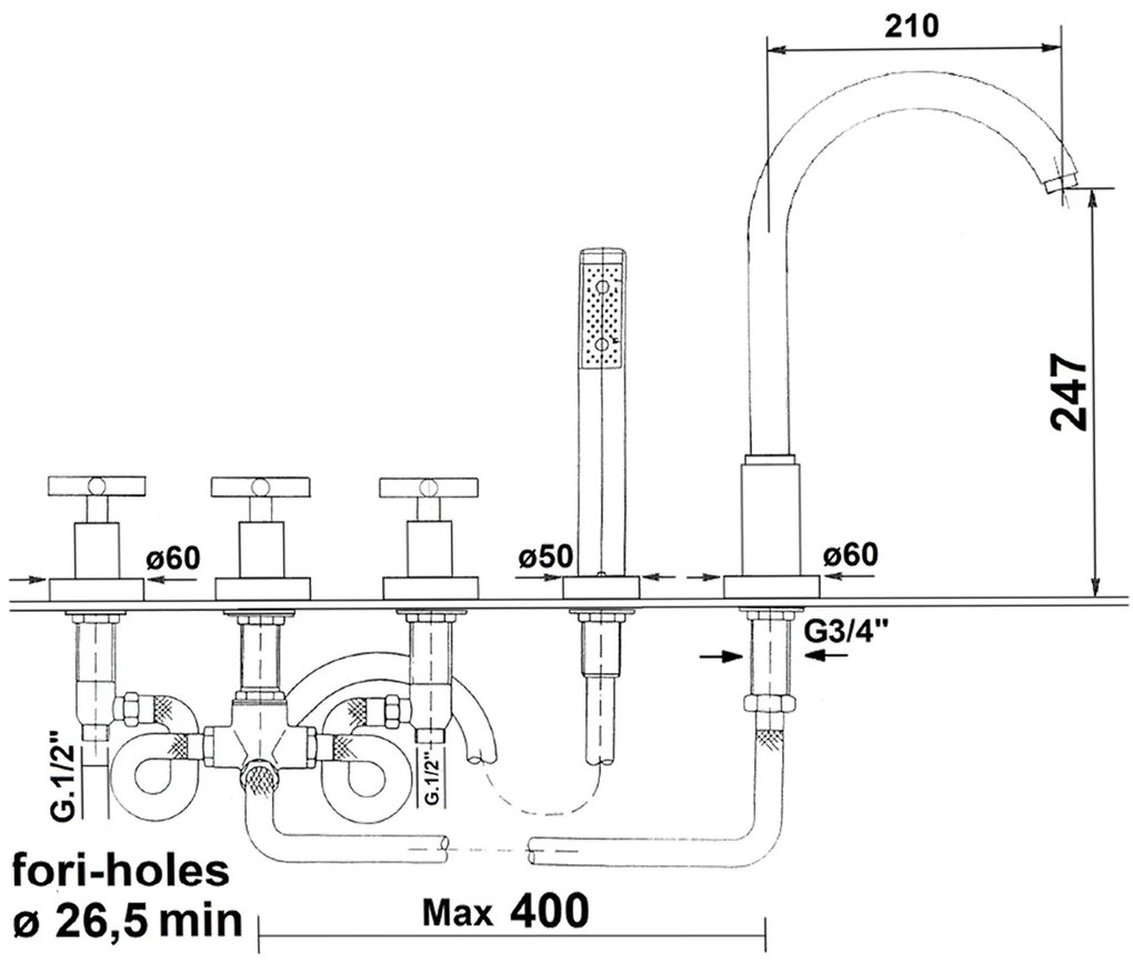 Sapho Sapho, AXIA pětiprvková baterie na okraj vany, sprcha Link, chrom, 532