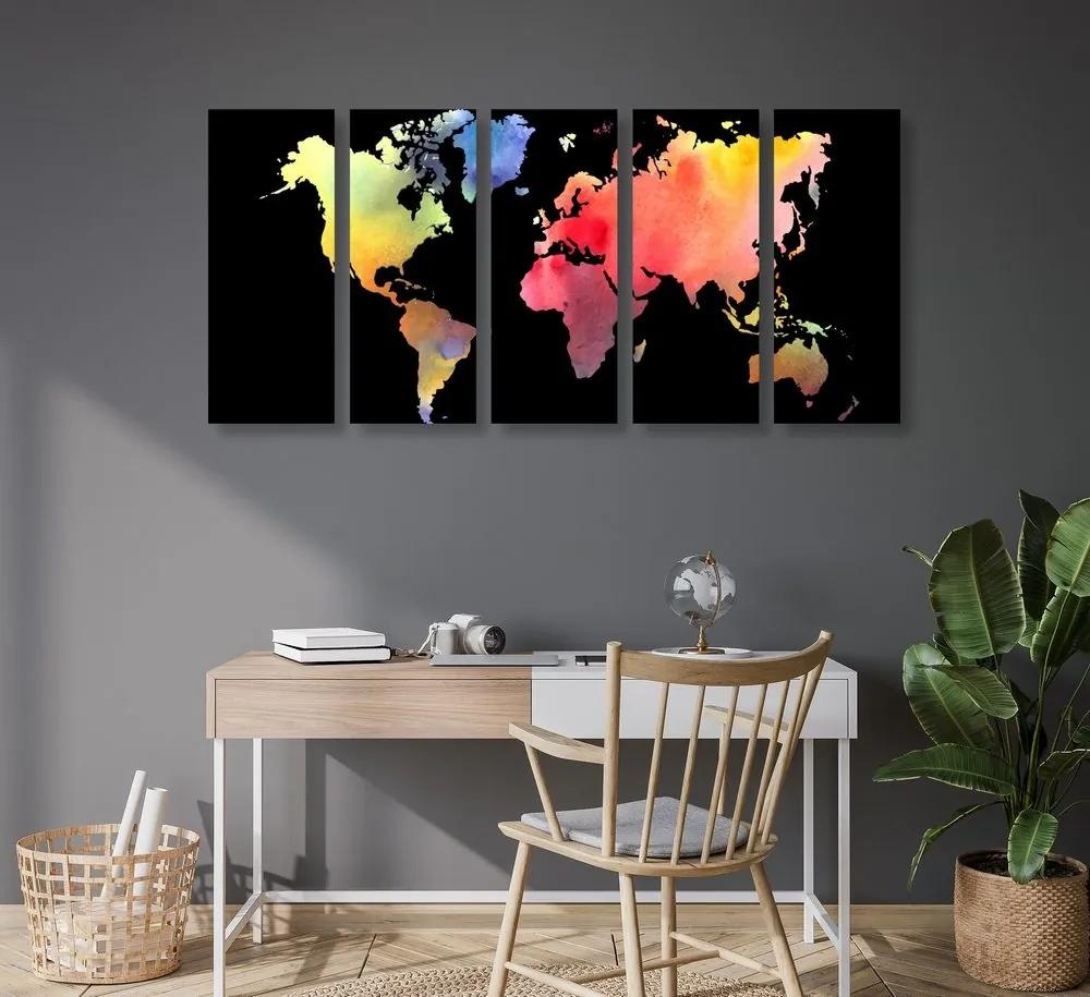 5-dílný obraz mapa světa v akvarelový provedení na černém pozadí - 200x100 cm