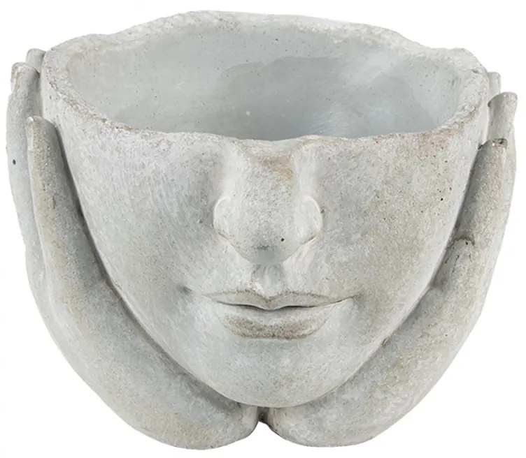 Šedý cementový květináč hlava ženy v dlaních S – 17x17x11 cm