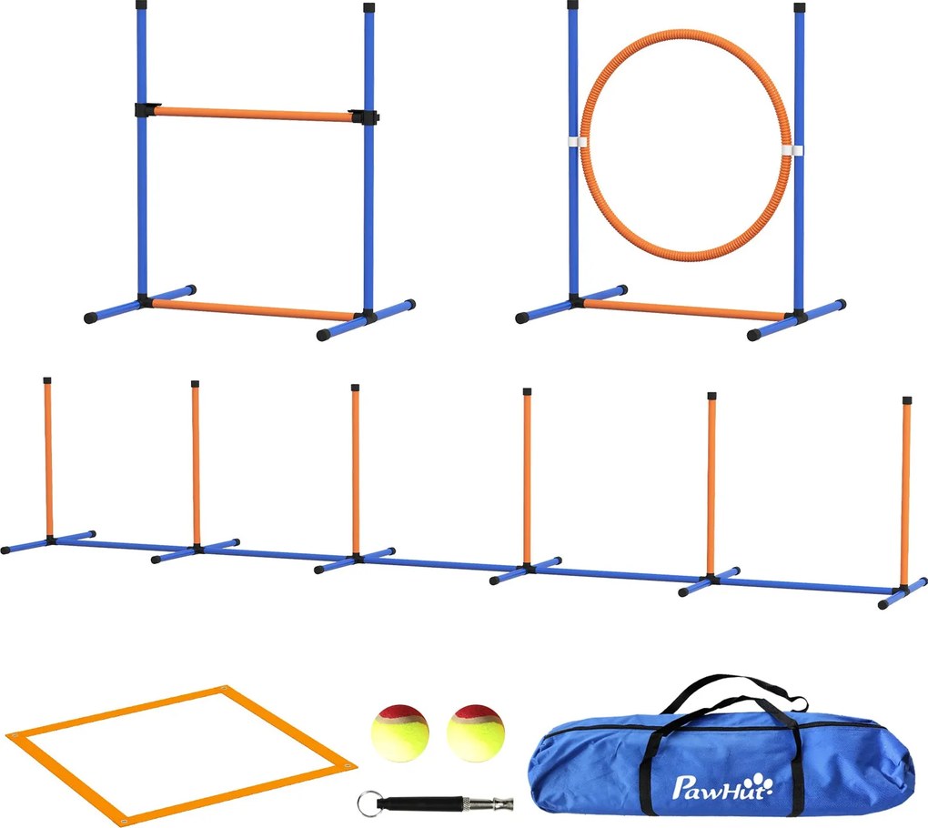 PawHut Agility Set pro psy, 4-dílná sada pro výcvik psů s nastavitelnou výškou překážek, slalomovými tyčemi, boxem na přestávky, skákacím kruhem, přek