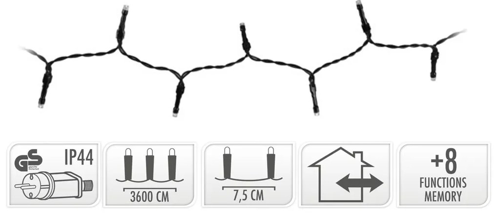 Vánoční světýlka 36 m/480 led studená bílá, 8 režimů svícení, paměťová funkce