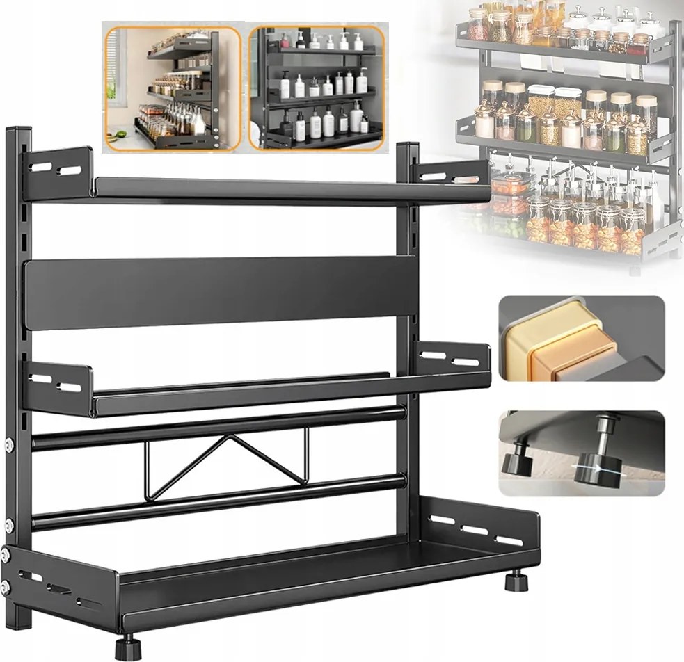 Kuchyňská police 3-patrová regál stojan organizér na koření láhve kelímky