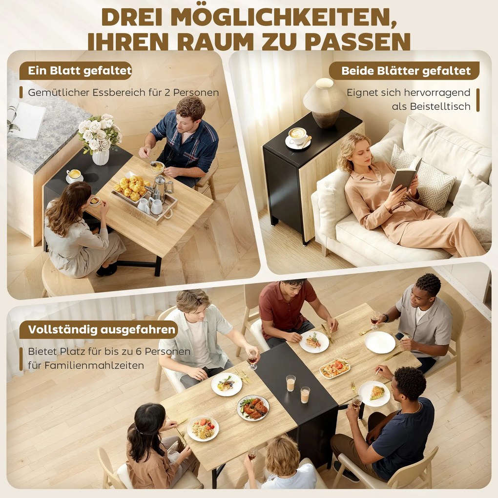 HOMCOM Skládací stůl, jídelní stůl, odkládací stolek, dub, kovový rám, kuchyň, obývací pokoj, tmavé dřevo + černá