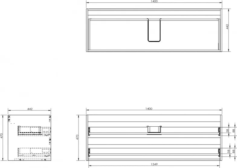 Mexen Box-A, závěsná skříňka 140 cm, 2 zásuvky, matná šedá, 91AX0-1400-470-2-62