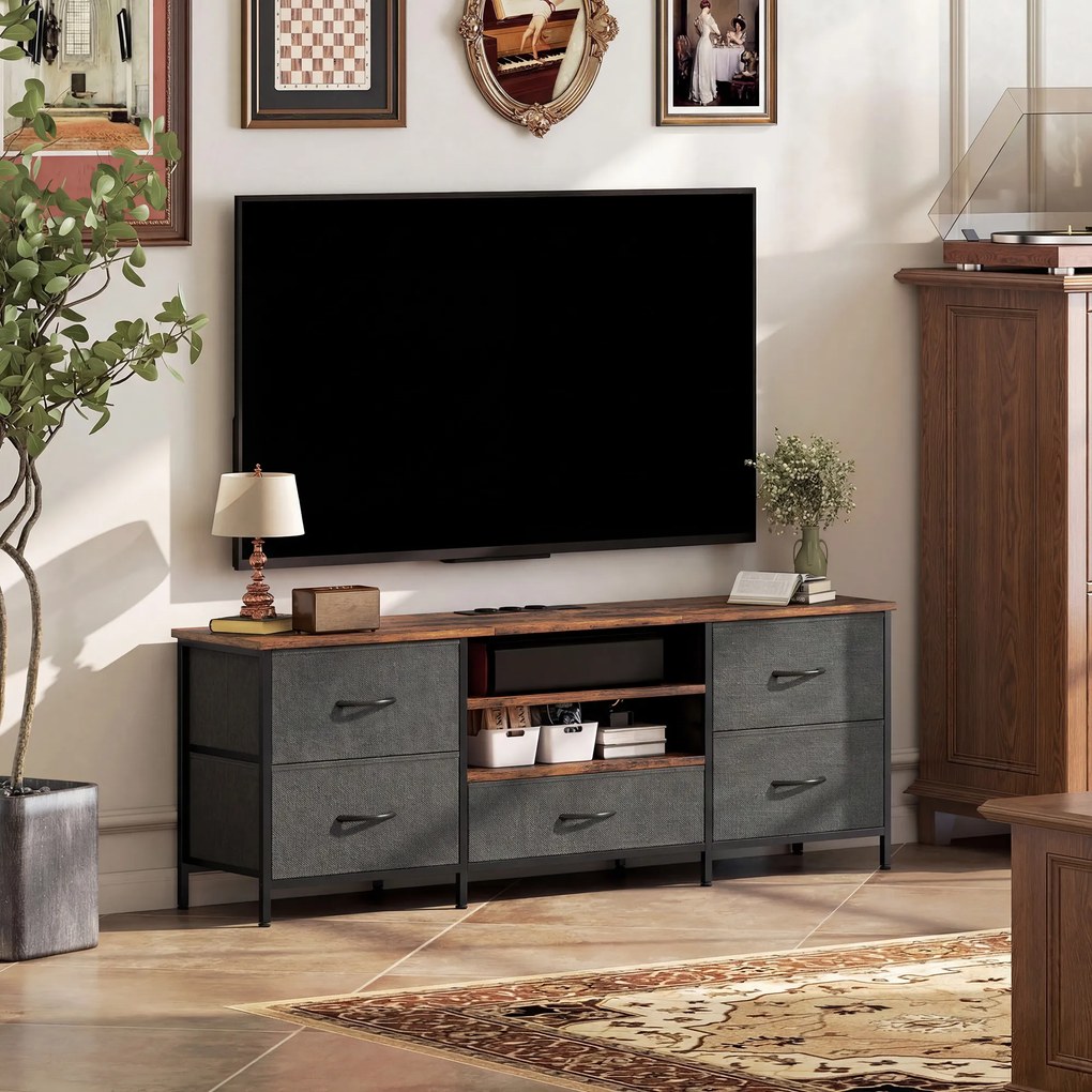 HOMCOM TV nábytek 140 cm, TV stolek 165,1 cm, dokovací stanice, 5 látkových zásuvek, otevřené police, 140x30x50 cm, rustikální hnědá