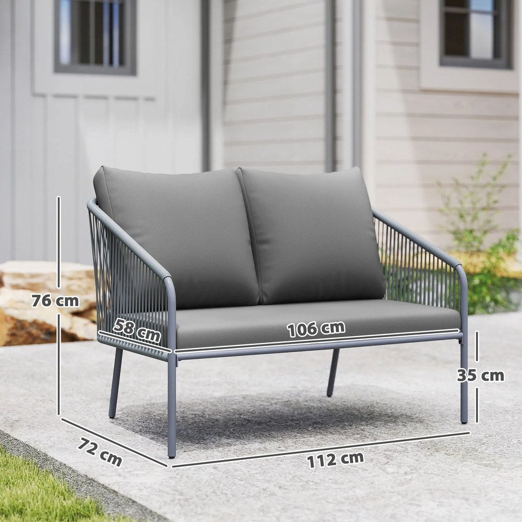 Ratanová pohovka Outsunny se sedáky, 2 místná pohovka, venkovní balkonová pohovka, ratanový nábytek 112 x 72 x 76 cm Šedá