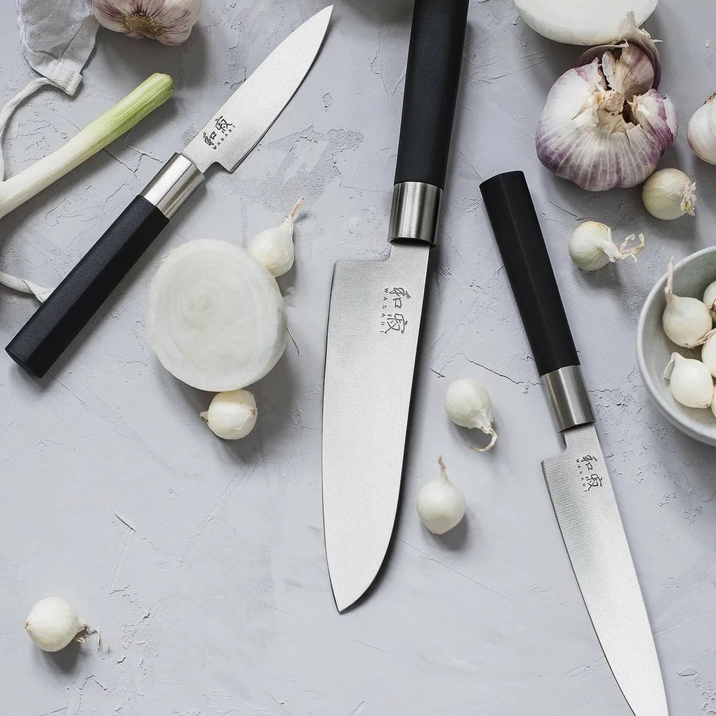 Kai Sada 3 nožů Wasabi Black – univerzální malý, univerzální velký a santoku