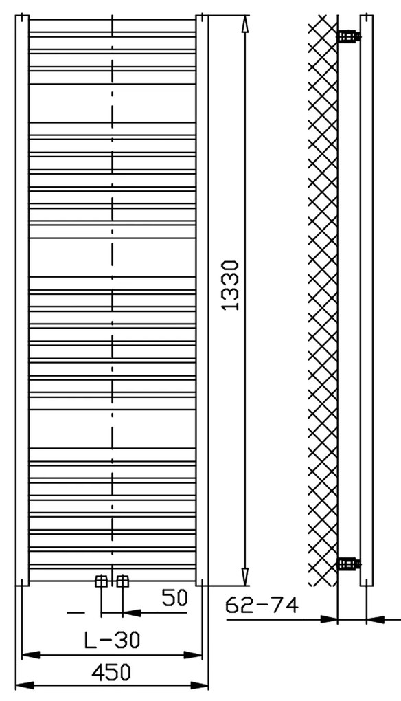 Aqualine, TONDI topné těleso 450x1330 mm, středové připojení, bílá, DT470T