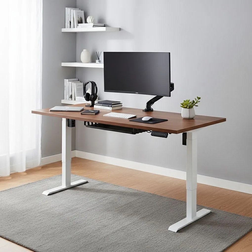 Výškově nastavitelný stůl OfficeTech B, 160 x 80 cm, bílá podnož, dub silverjack