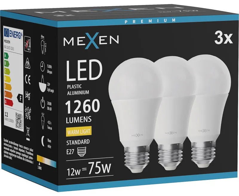 Mexen Nova 3x LED žárovka E27, A60, 12W, Teplá - 3000K, 1260 lm - L100-E27-1230-01x03