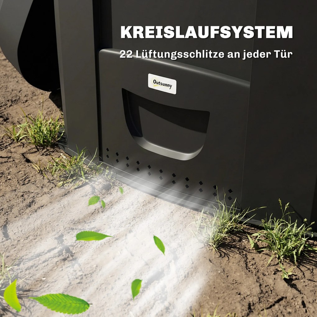 Outsunny kompostér na zahradu, 240 l, trojúhelníkový s 3 dvířky, 66 větracími otvory a otevřeným dnem — včetně rukavic a šroubováku, černý