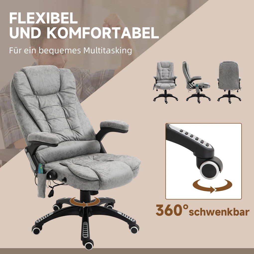 Kancelářská židle Vinsetto s masážní a tepelnou funkcí, ergonomická, výškově nastavitelná, bez tření, 6 masážních bodů, 68 Š x 72 H x 110-120 V cm, š…