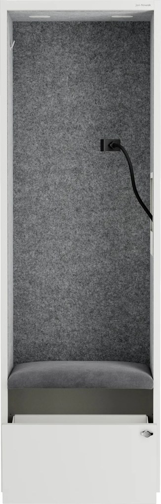 Kancelářská akustická kabina se sedátkem a USB-C portem, korpus bílý / sedák šedá, 600 mm: SALLY MentalBox