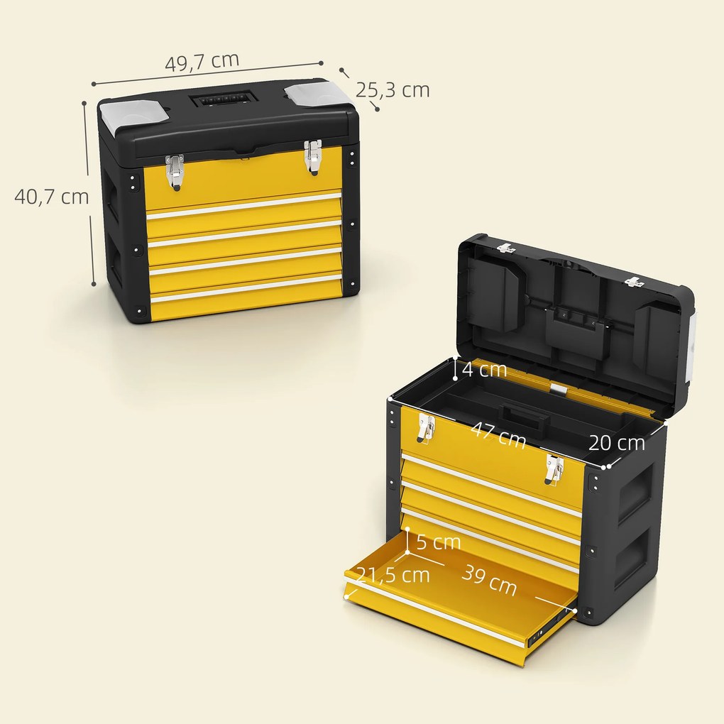 HOMCOM Box na nářadí prázdný, 49,7 x 25,3 x 40,7 cm Box na nářadí se 4 zásuvkami, mini box ocelový žlutý