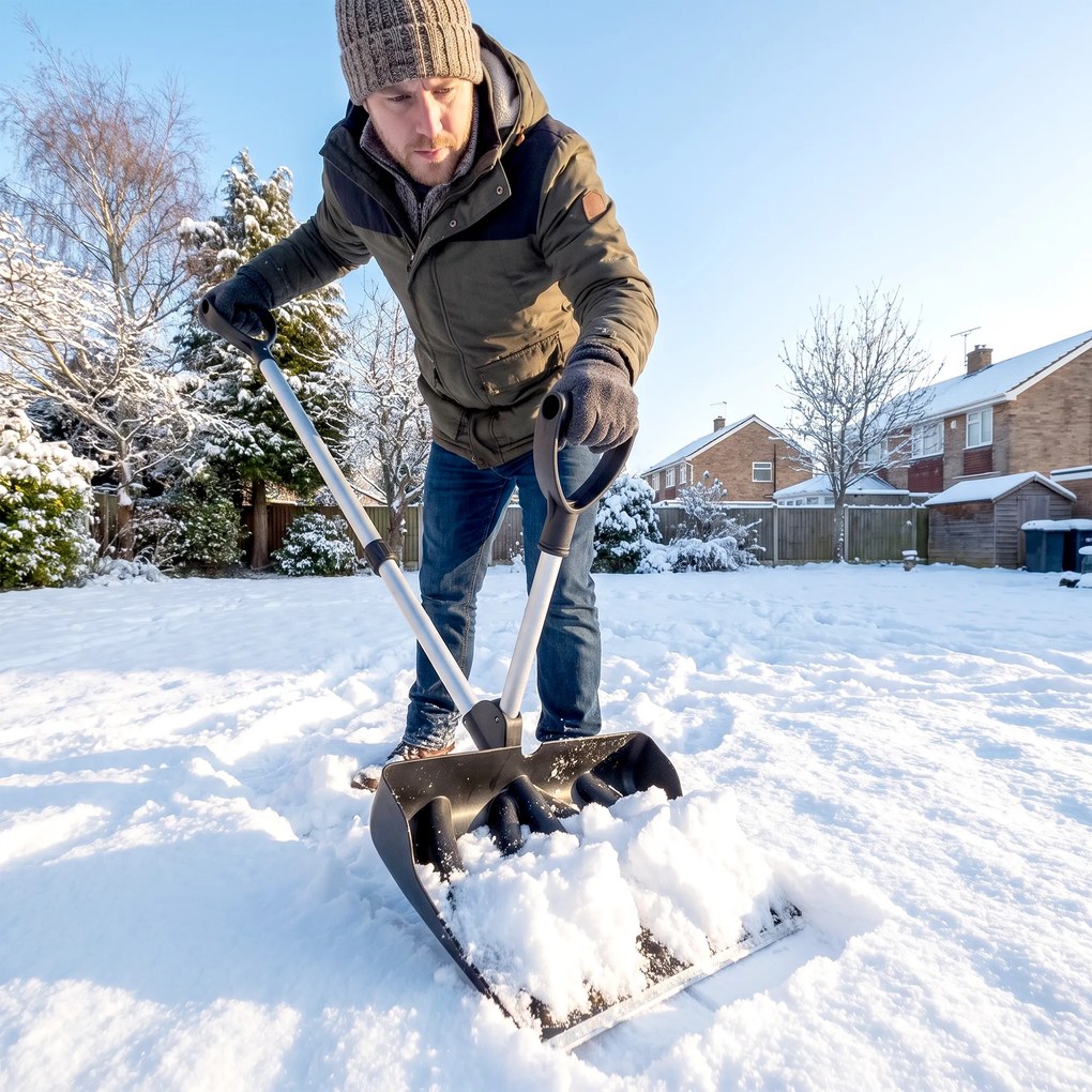 Outsunny Sněhový pluh 45 cm široký, plastová lopata na sníh s ergonomickou přídavnou rukojetí, odháněč sněhu s hliníkovou násadou a kovovým okrajem