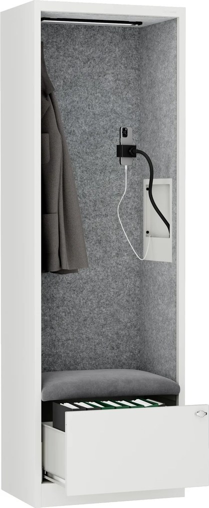 Kancelářská akustická kabina se sedátkem a USB-C portem, korpus bílý / sedák šedá, 600 mm: SALLY MentalBox